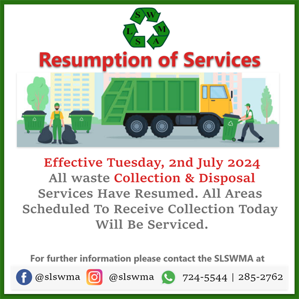 Saint Lucia News - RESUMPTION OF SOLID WASTE MANAGEMENT SERVICES